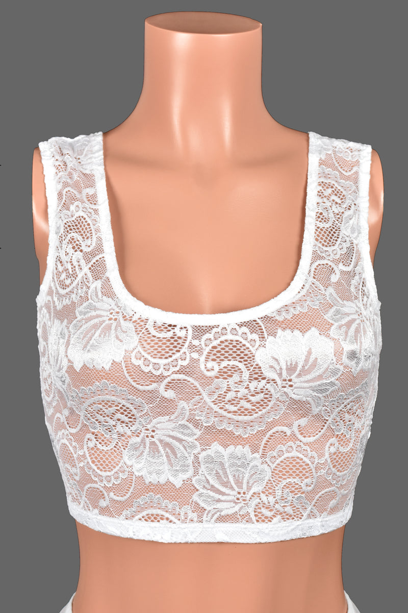 White Stretch Lace Cropped Tank Top Plus Size Lingerie Sheer Top