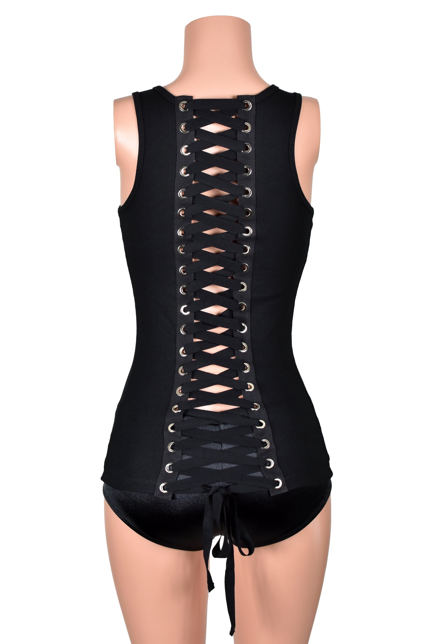 Black Lace-Up Back Extra Long Tank Top cotton poly corset back ...