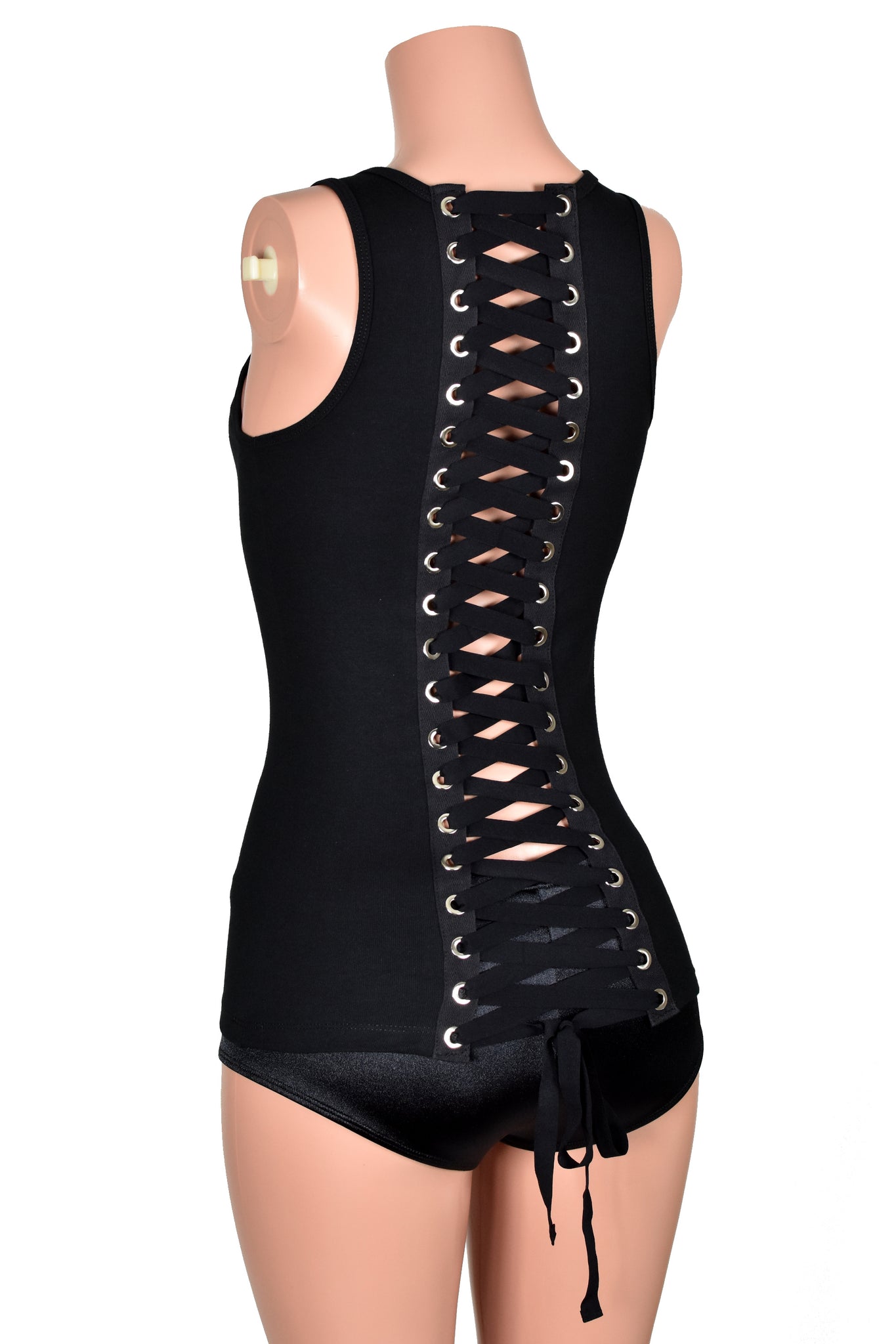 Black Lace-Up Back Extra Long Tank Top cotton poly corset back ...