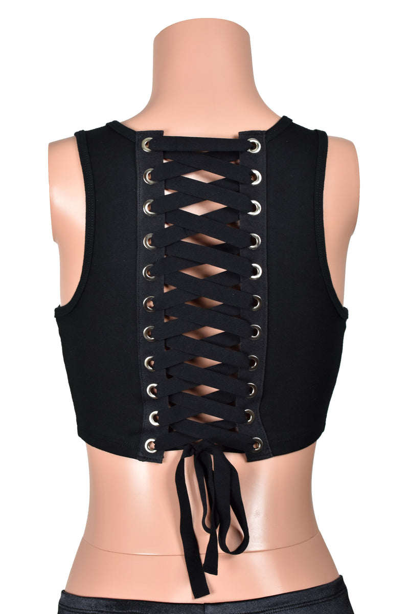 Black Lace-Up Back Cropped Tank Top cotton poly corset back XS to XL ...