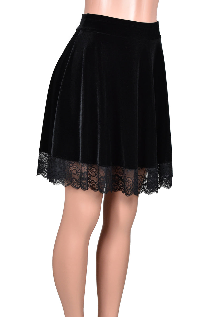 Lace Trim Black Stretch Velvet Skater Skirt plus size gothic high waist ...